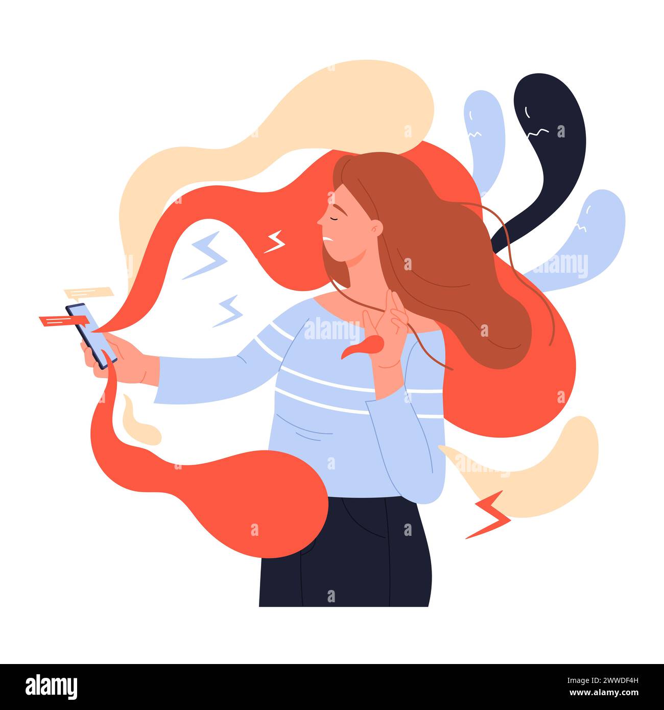 Social media doomscrolling addiction. Online internet doomsurfing, reading bad news flat vector ...