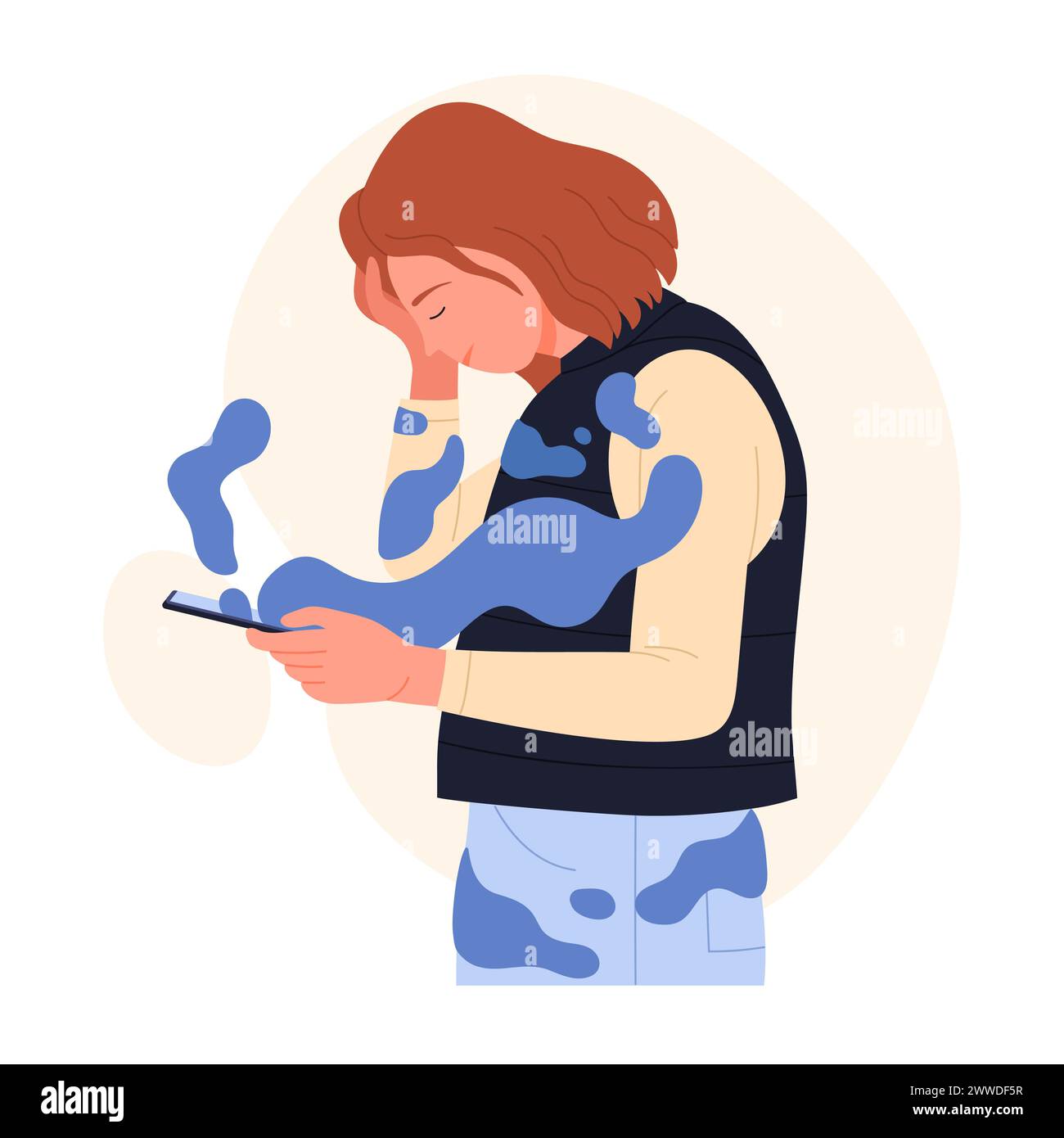 Depressive doomscrolling addiction. Online internet doomsurfing, reading bad news flat vector ...