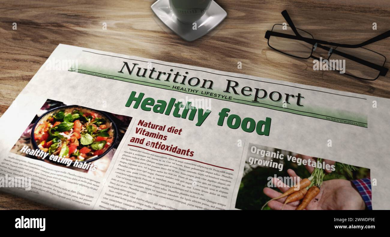 Healthy food and natural diet daily newspaper on table. Headlines news ...
