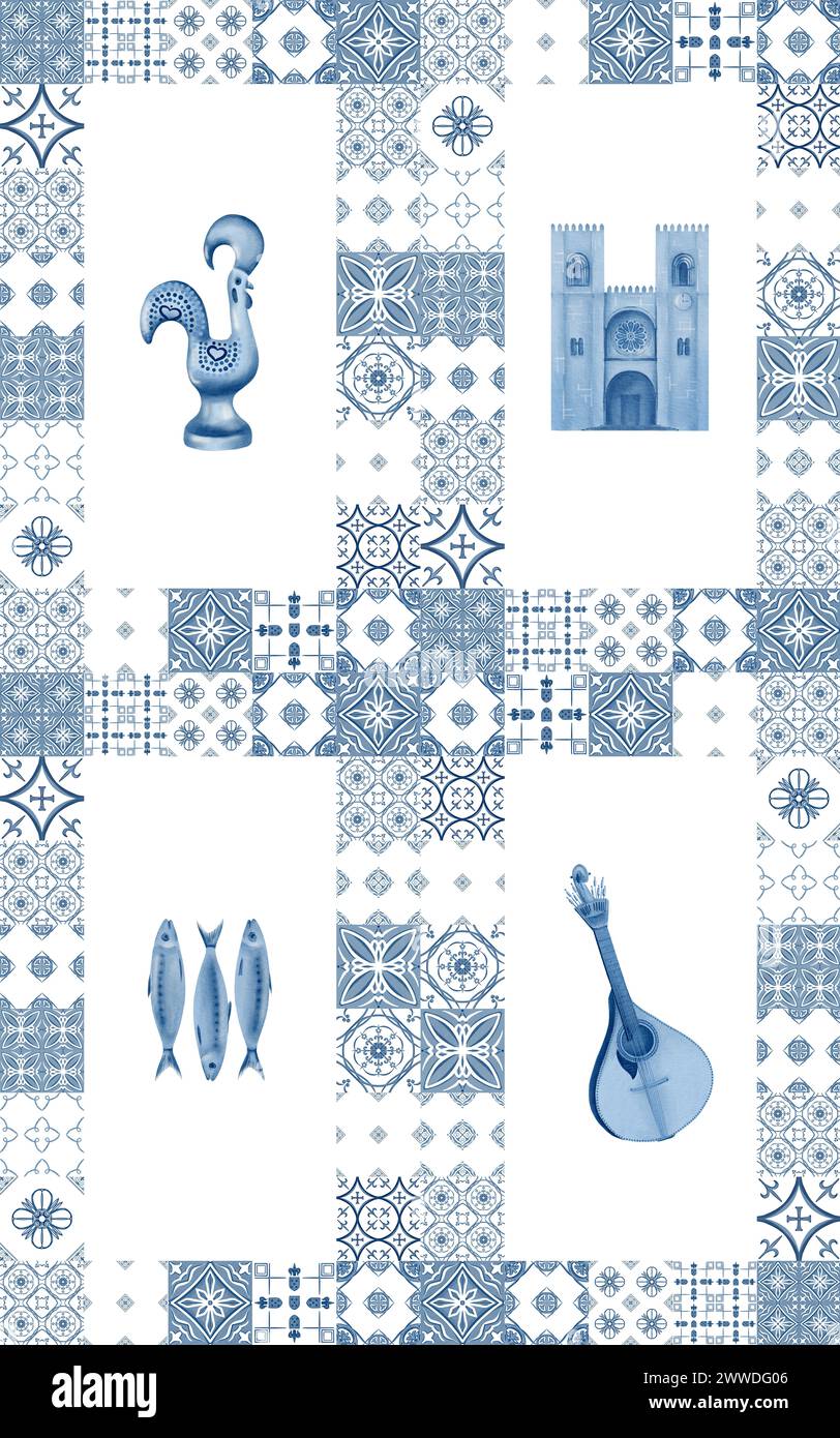 Azulejo ceramic tiles of traditional Portuguese ornament watercolor ...