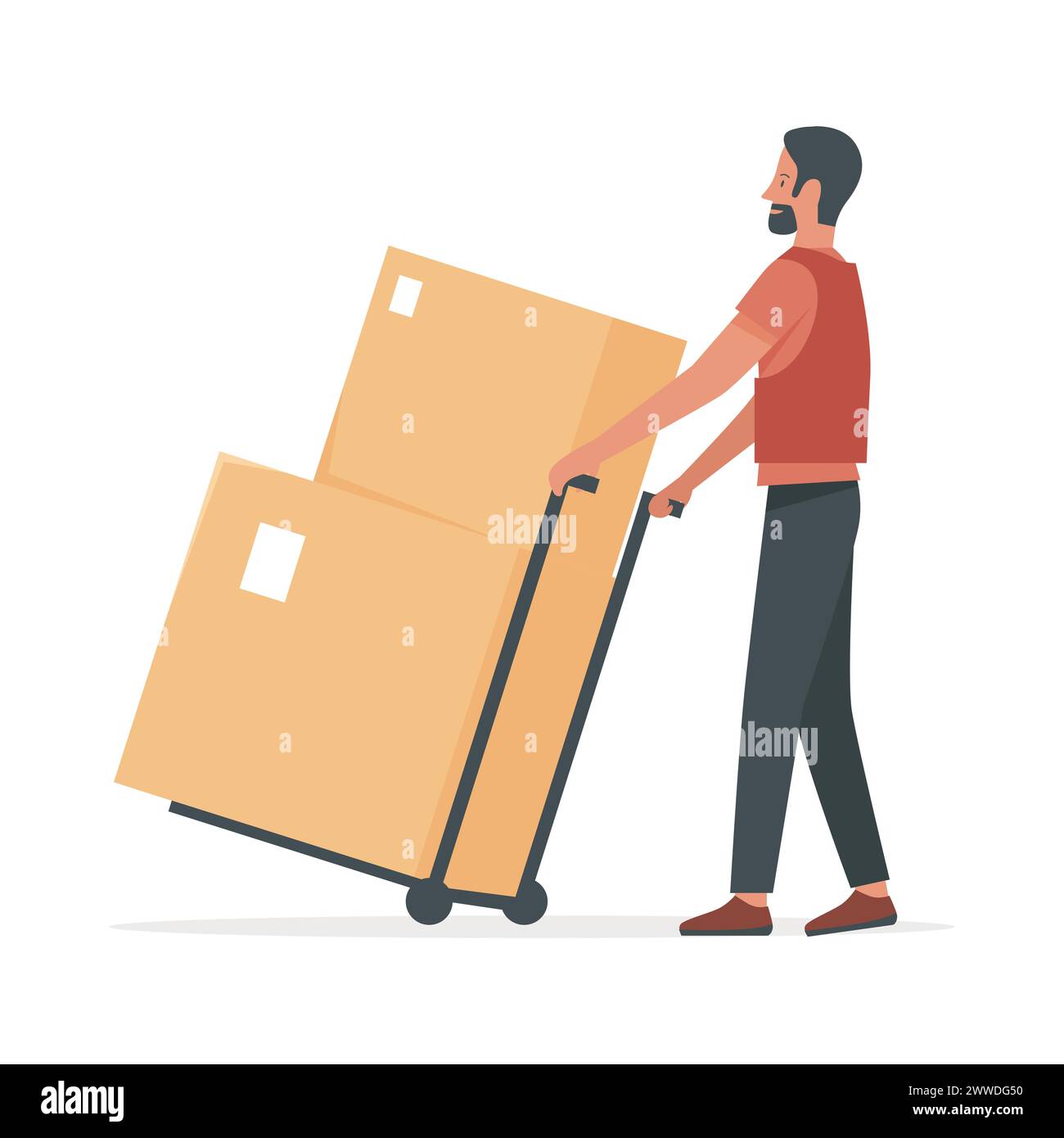 Courier with wheelbarrow. Delivery man, order delivery package cartoon ...