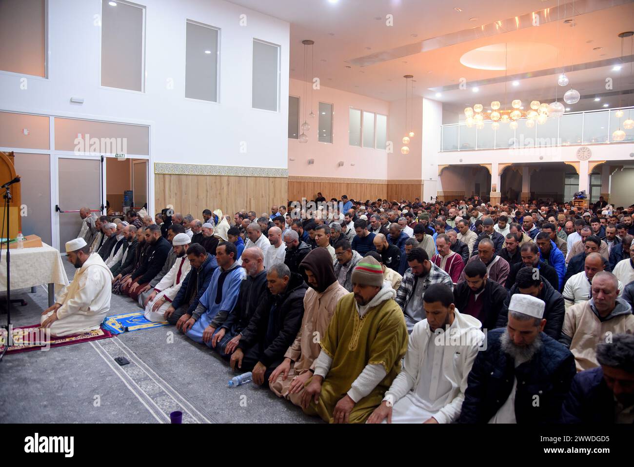 Several Muslim men and the Imam of the mosque Hassan Sibaiti in front ...