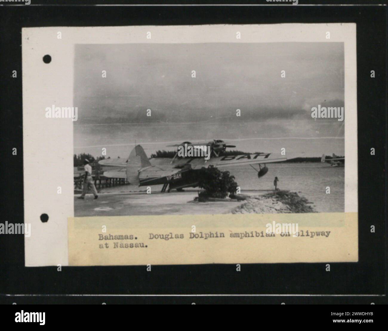 Description: Bahamas. Douglas Dolphin amphibian on slipway at Nassau ...