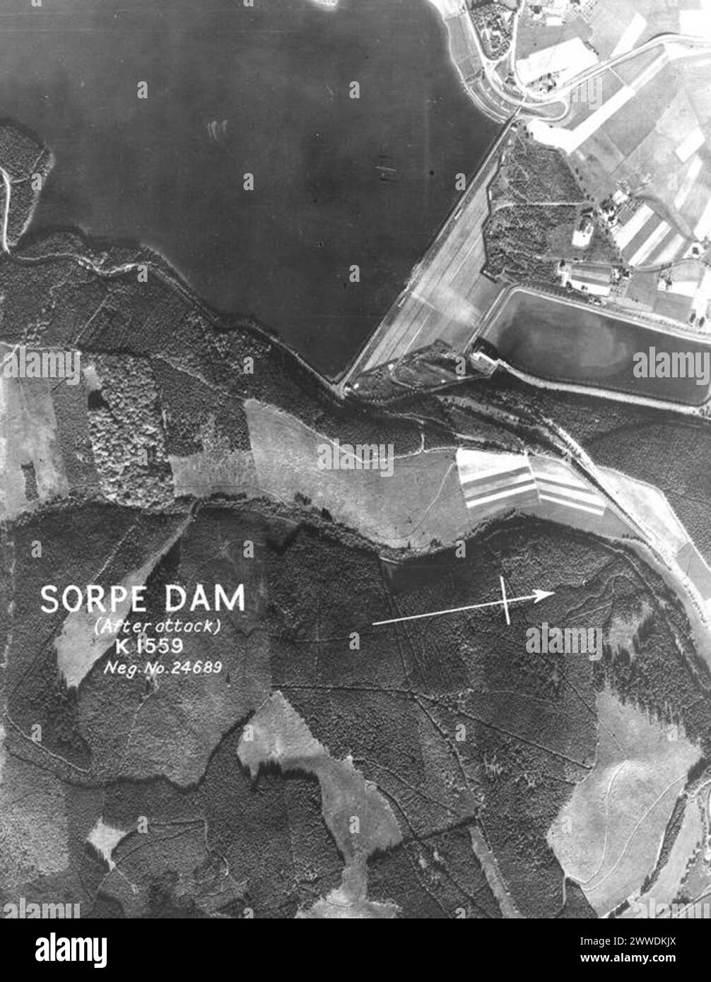 Photograph showing the Sorpe Dam in Germany after it was attacked in ...