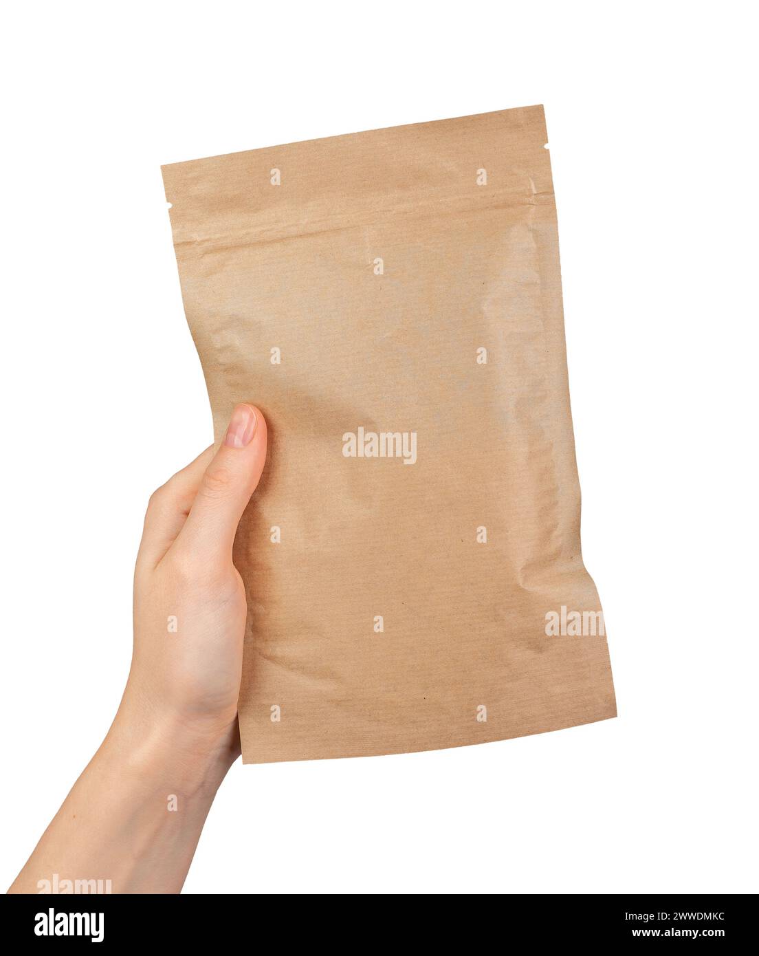 A hand holding a brown paper bag. Ziplock pouch, zip-lock packet ...