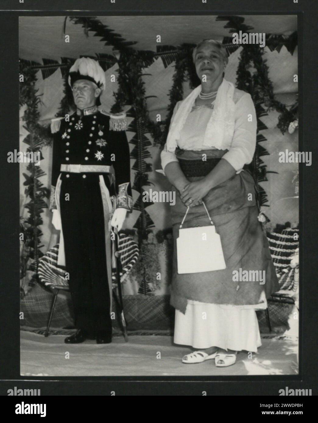 Description: Queen Salote of Tonga with Sir Kenneth Maddocks, Governor ...