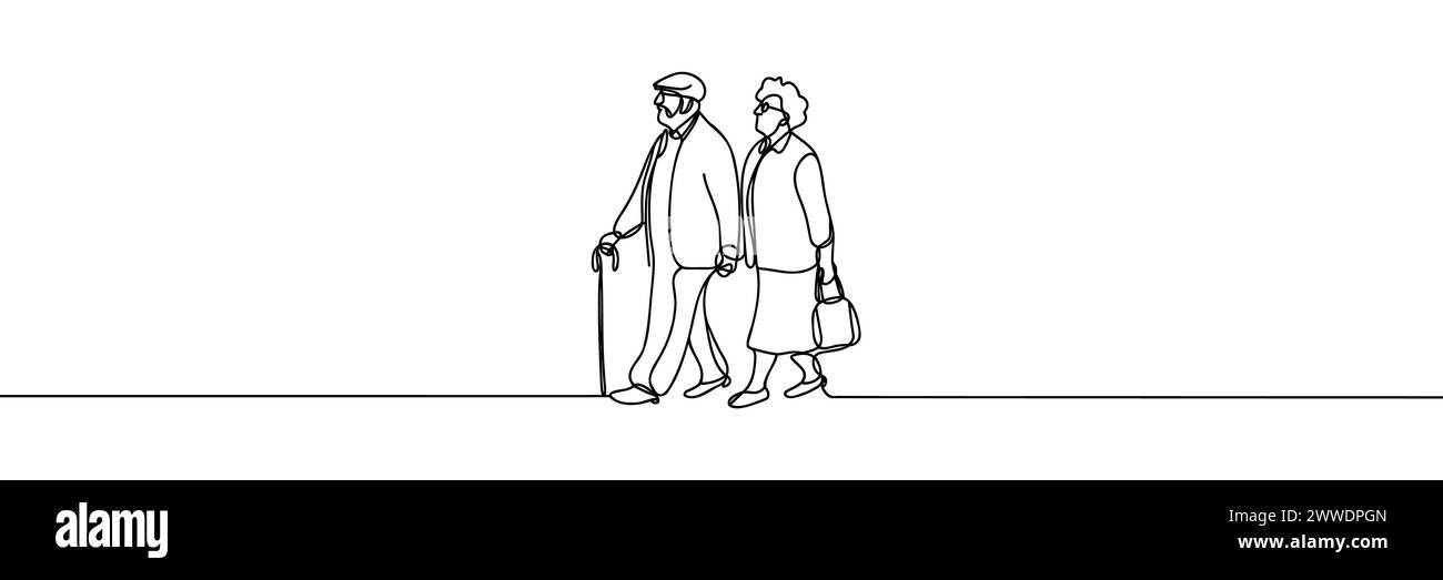 Continuous one line drawing old man and old woman walking Stock Vector ...