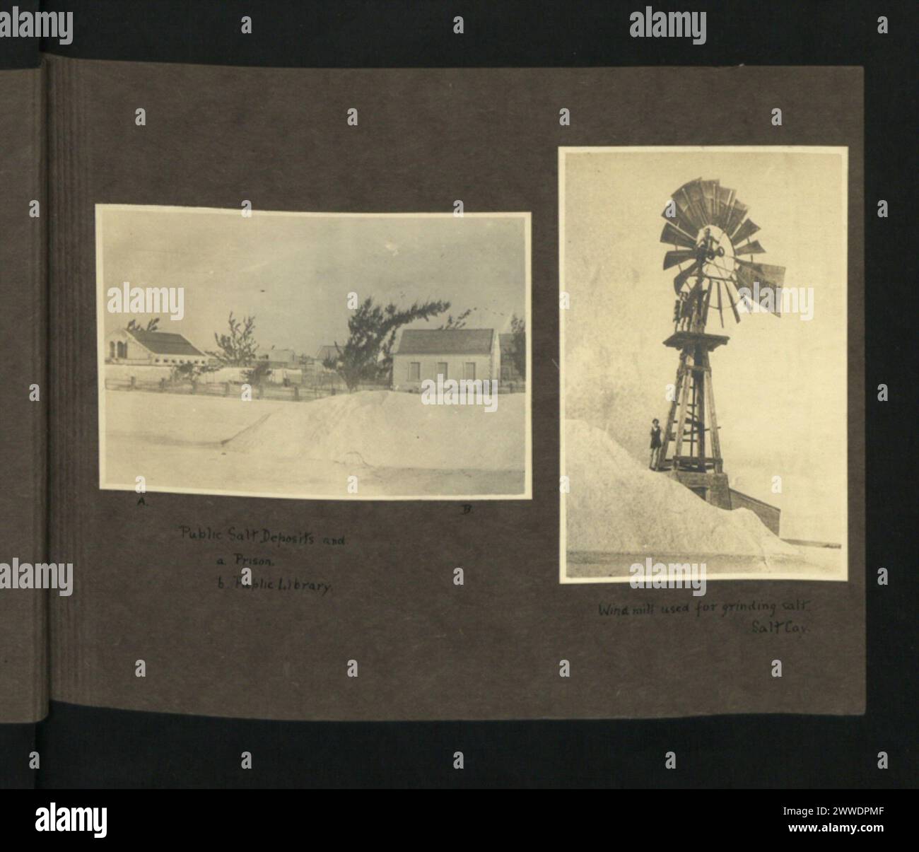 Photographs show public salt deposits, a prison, a public library, and ...