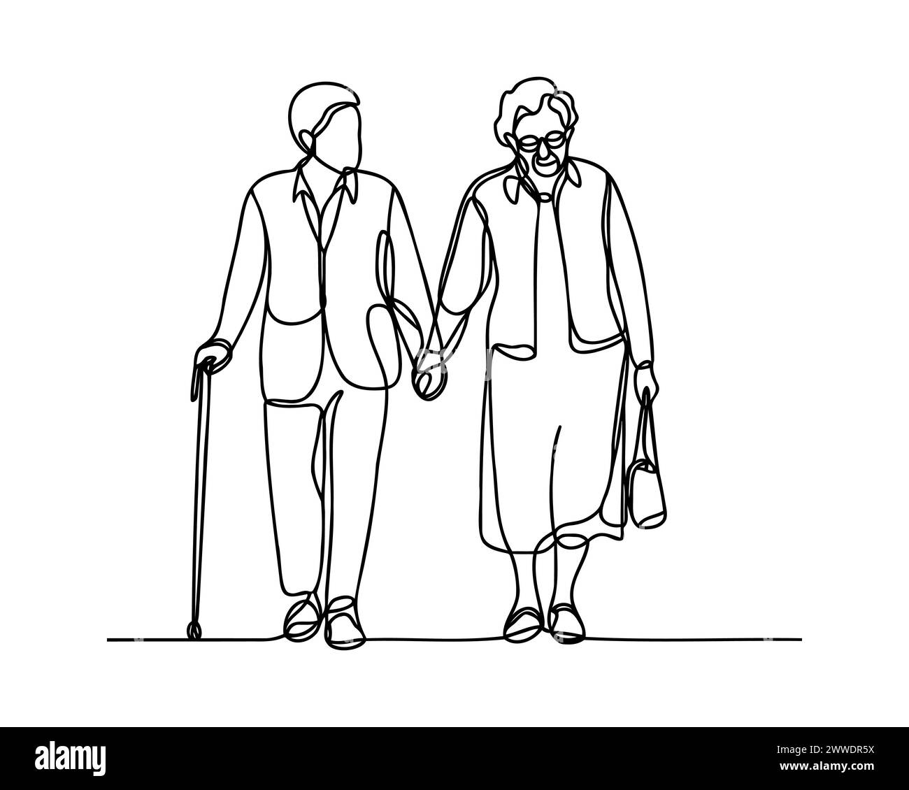 Continuous one line drawing old man and old woman walking Stock Vector ...
