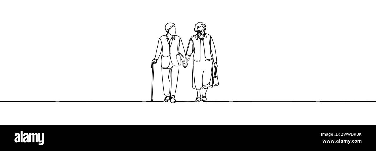 Continuous one line drawing old man and old woman walking Stock Vector ...