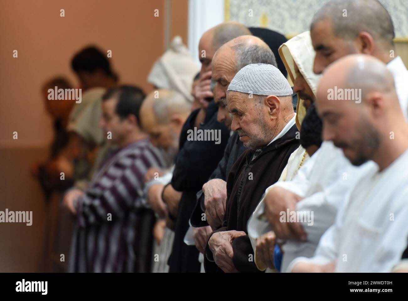 Vendrell, Tarragona, Spain. 22nd Mar, 2024. Several Muslim men pray ...