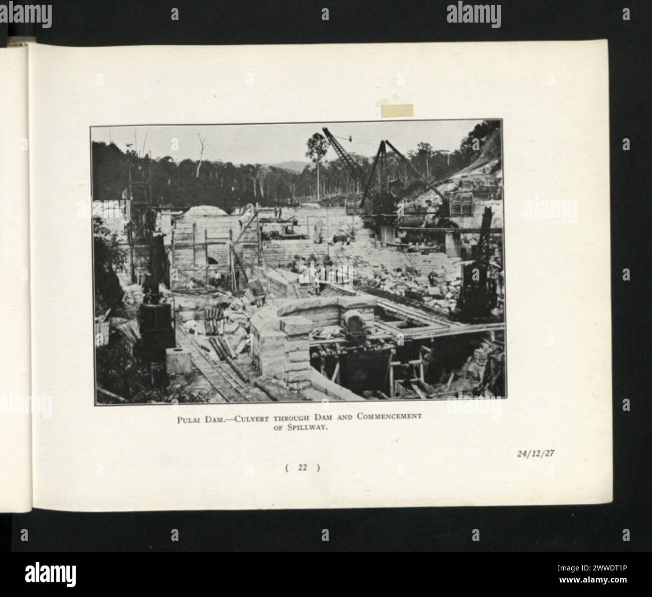Photograph of Pulai Dam in Malaya, showing the culvert through the dam ...
