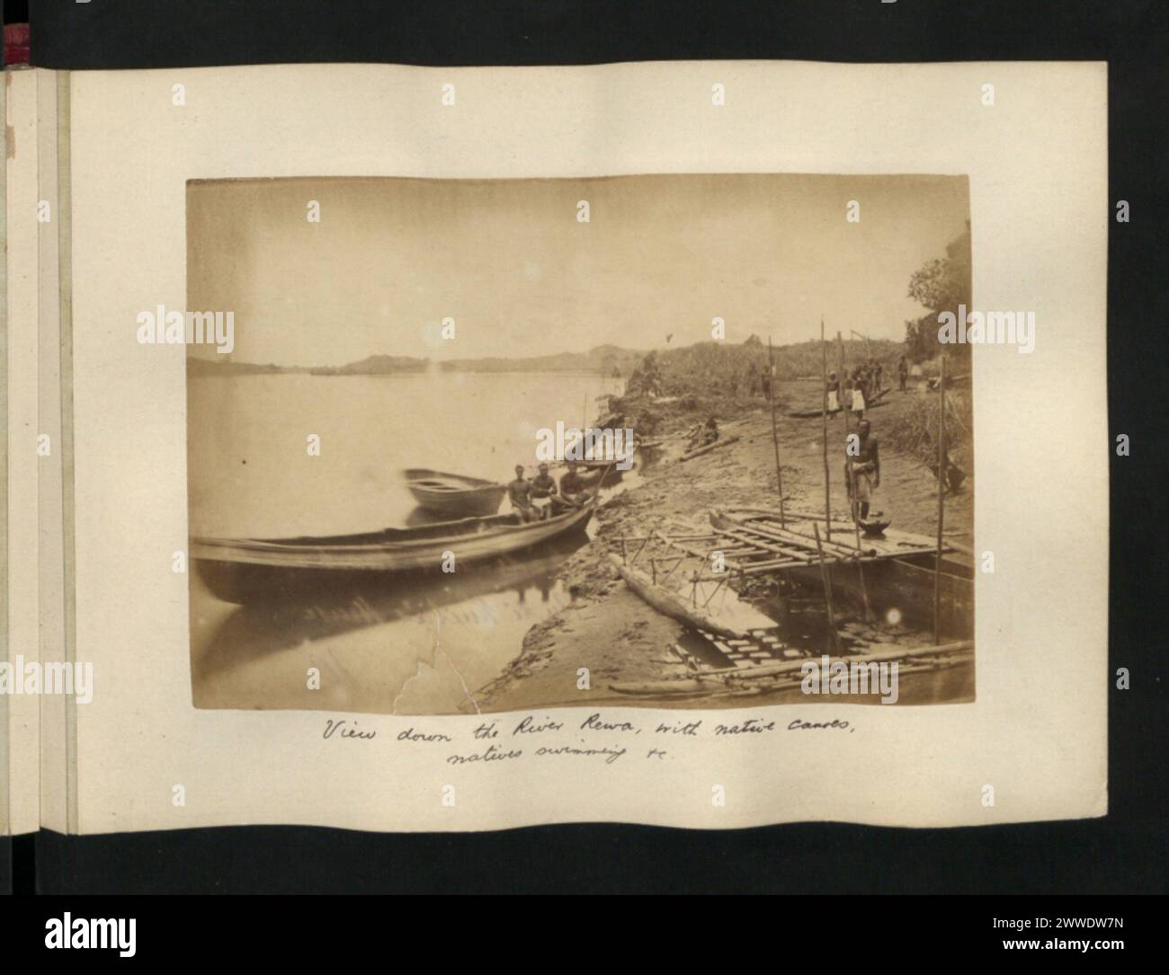 Description: View down the River Rewa, with native Canoes, native ...