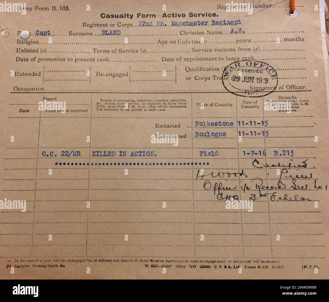 Casualty notification form for Captain Alfred Edward Bland, employee of ...