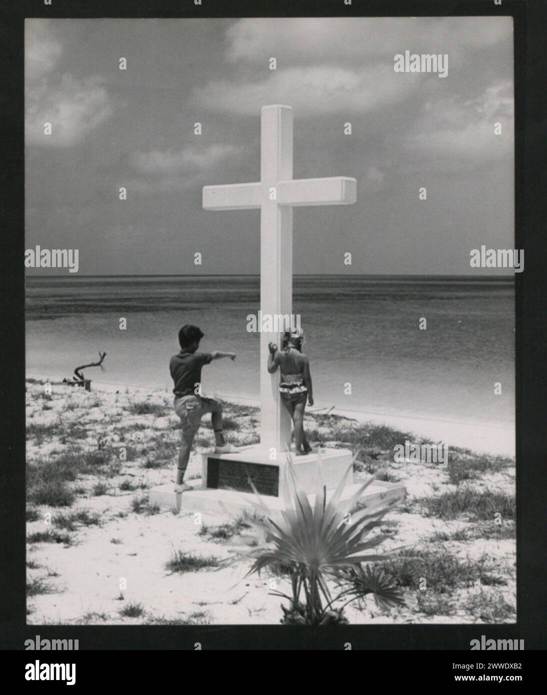 A 1958-1961 photograph showing the monument on San Salvador Island ...