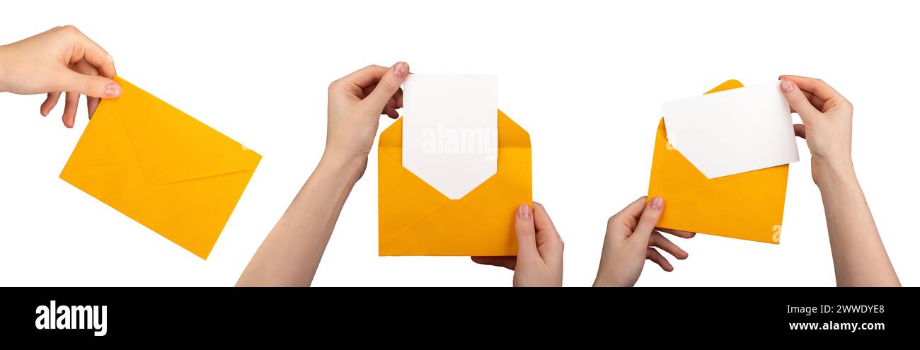 Hand holding closed envelope, opening mail with paper, cards mockups ...