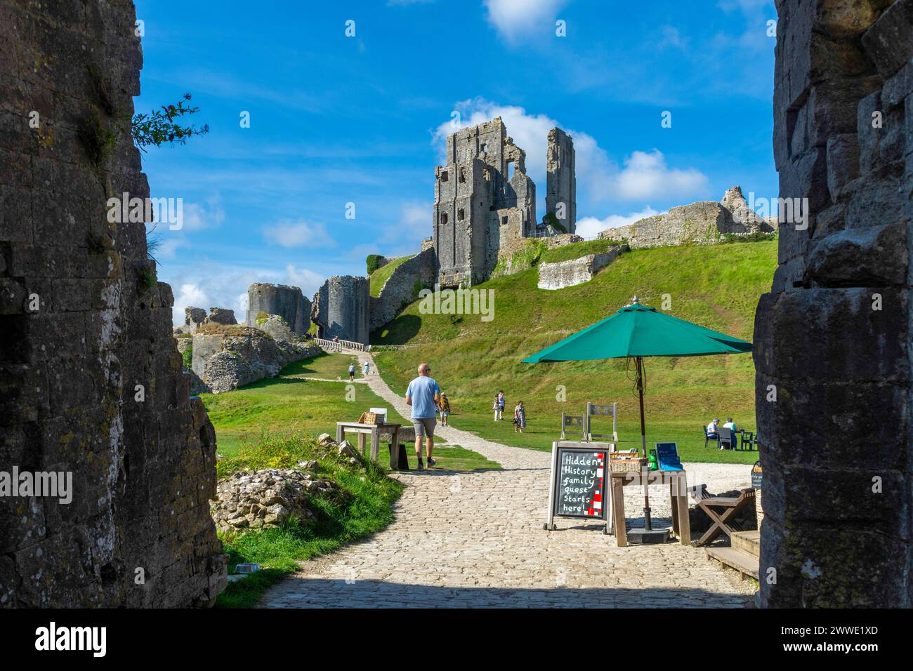 Corfe Castle, UK - September 14th 2023: View from the entrance of the ...