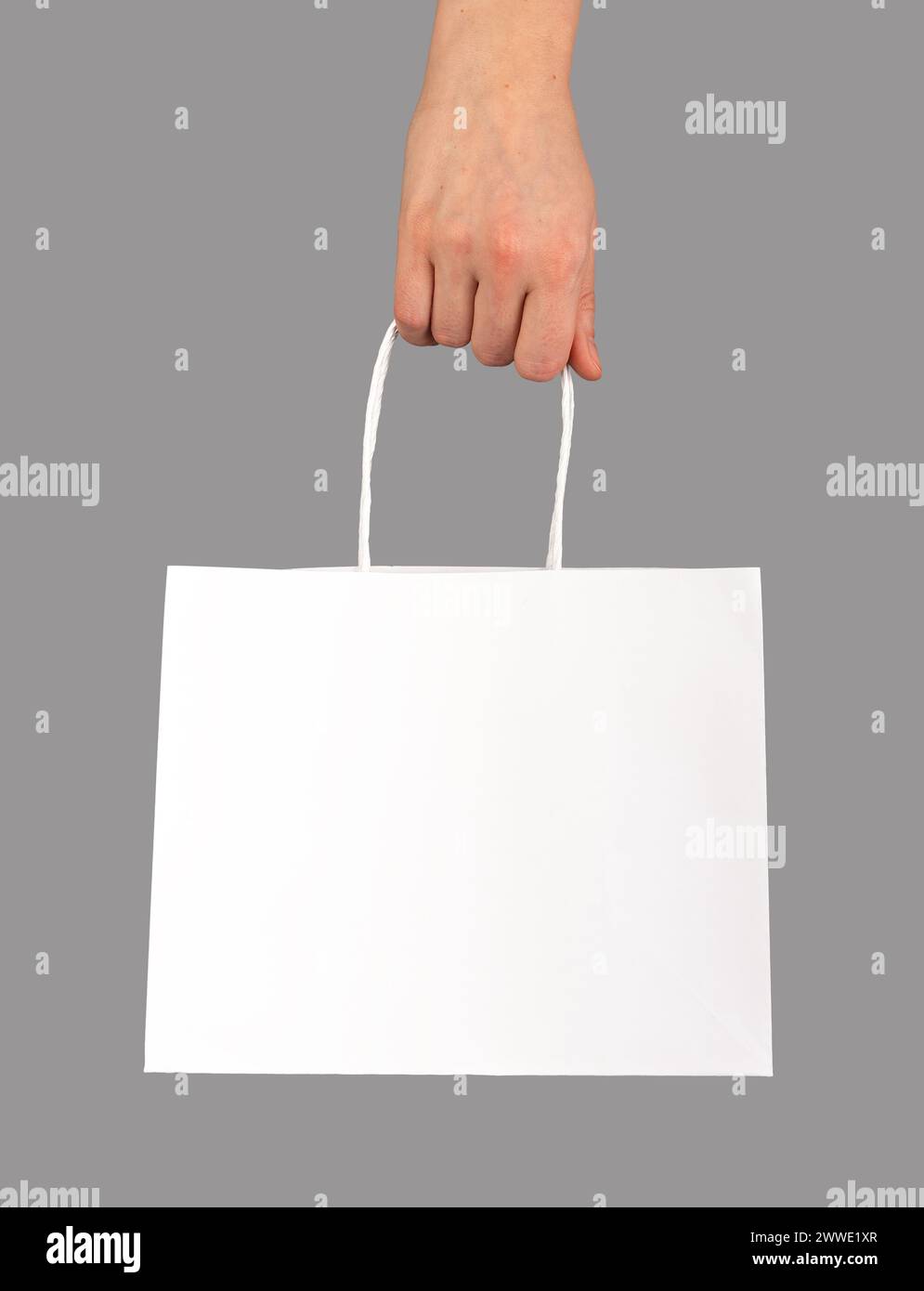 Hand holding shopping bag, paper packet, pack with handles, white ...