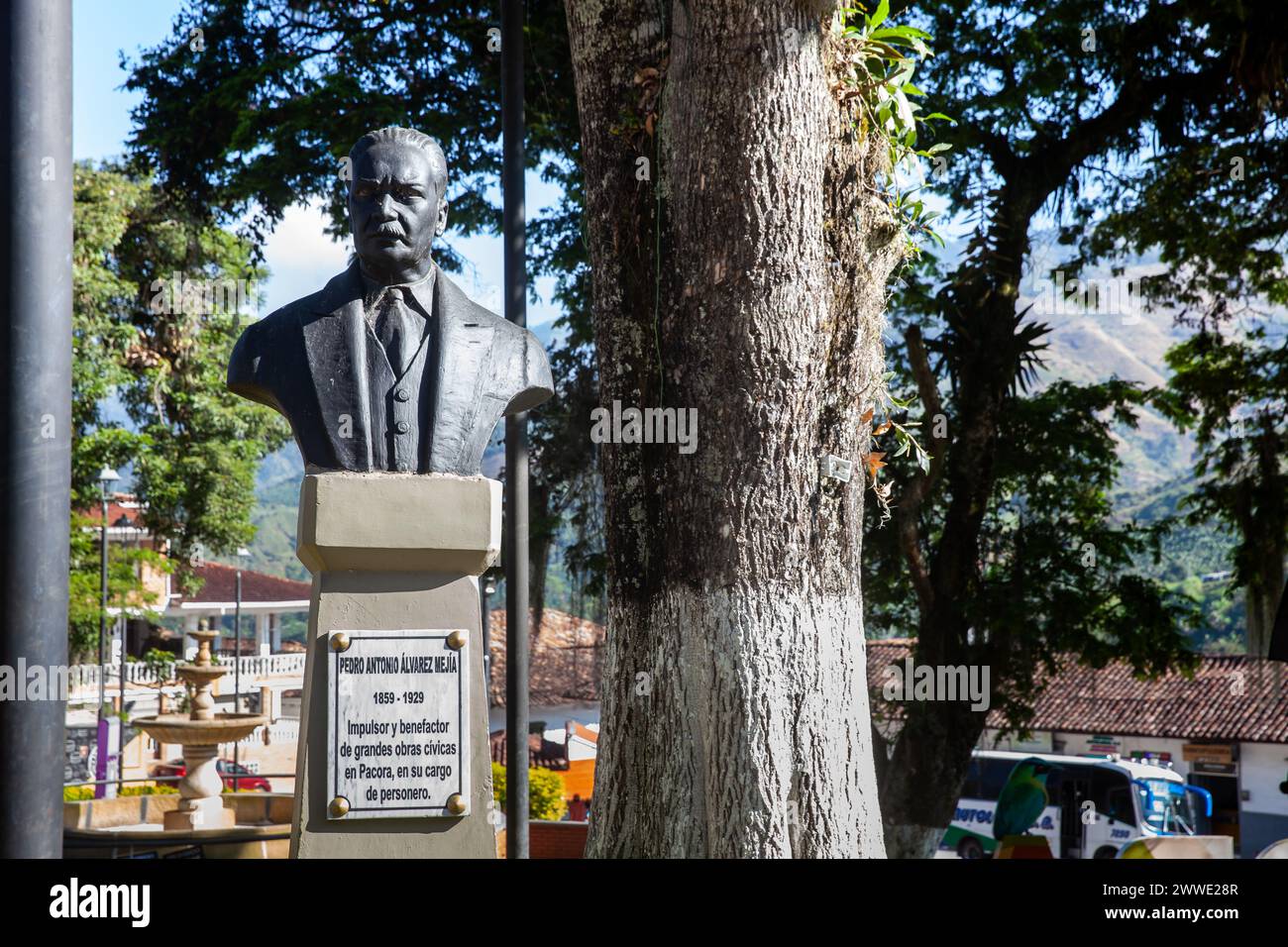 PACORA, COLOMBIA - JANUARY 15, 2024: Pedro Antonio Alvarez Mejia statue ...