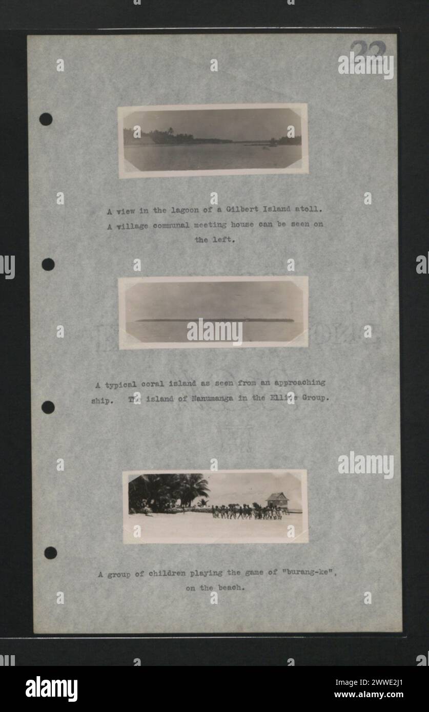 Description: A view in the lagoon of a Gilbert Island atoll. A village ...