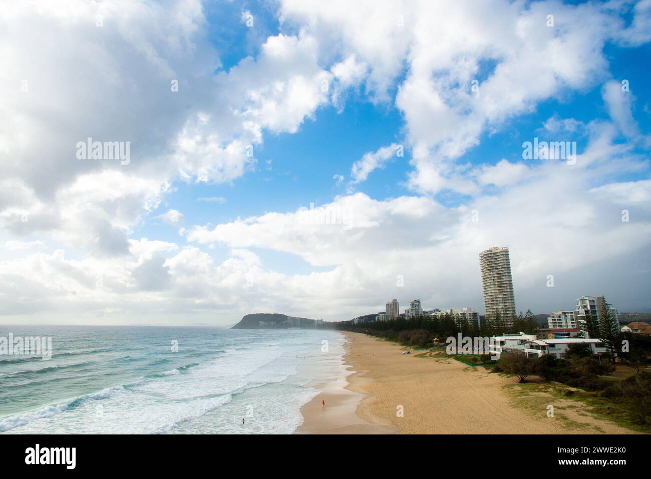 Gold Coast Skyline With People Walking On Beach, Gold Coast, Queensland ...