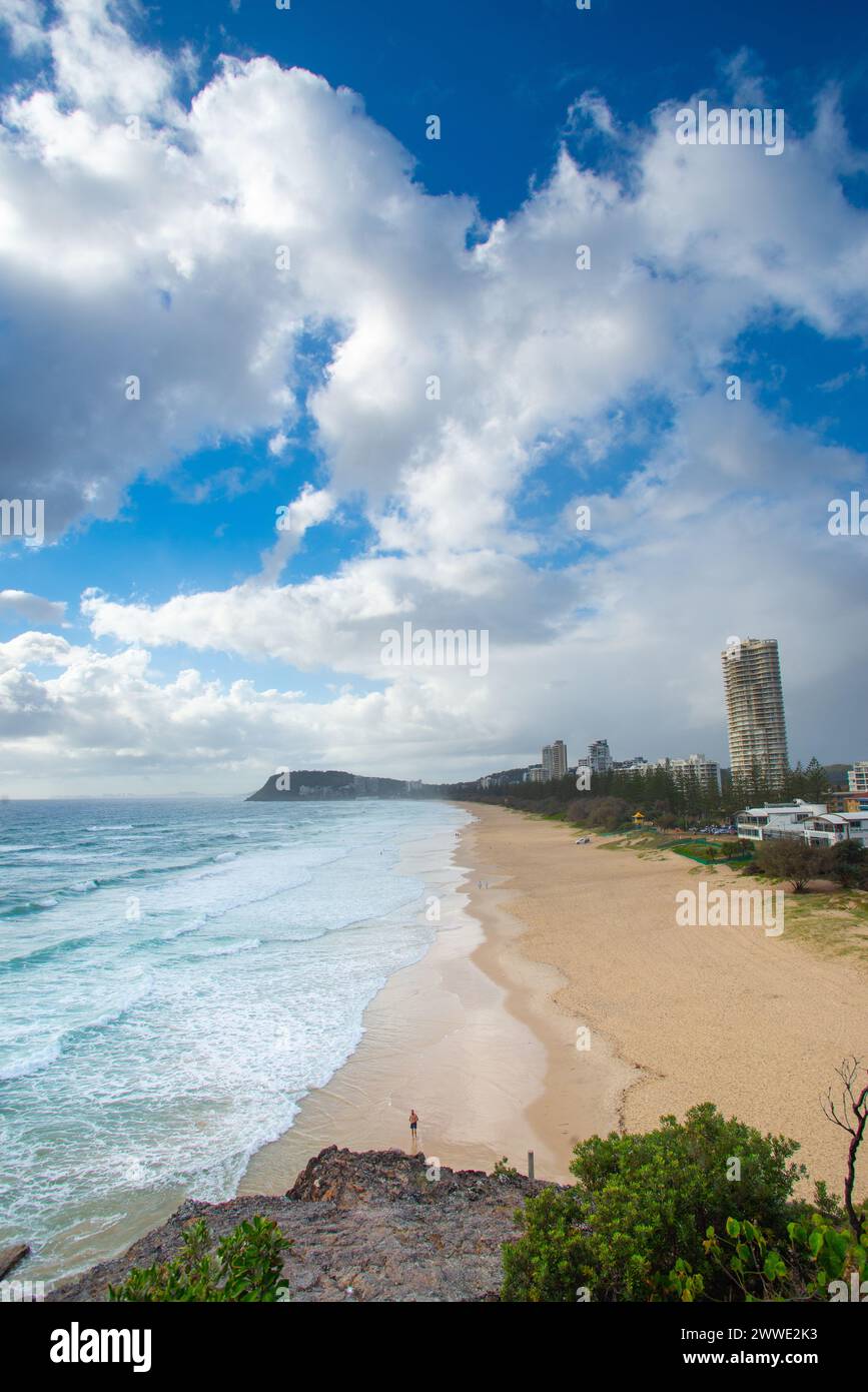 Gold Coast Skyline With People Walking On Beach, Gold Coast, Queensland ...
