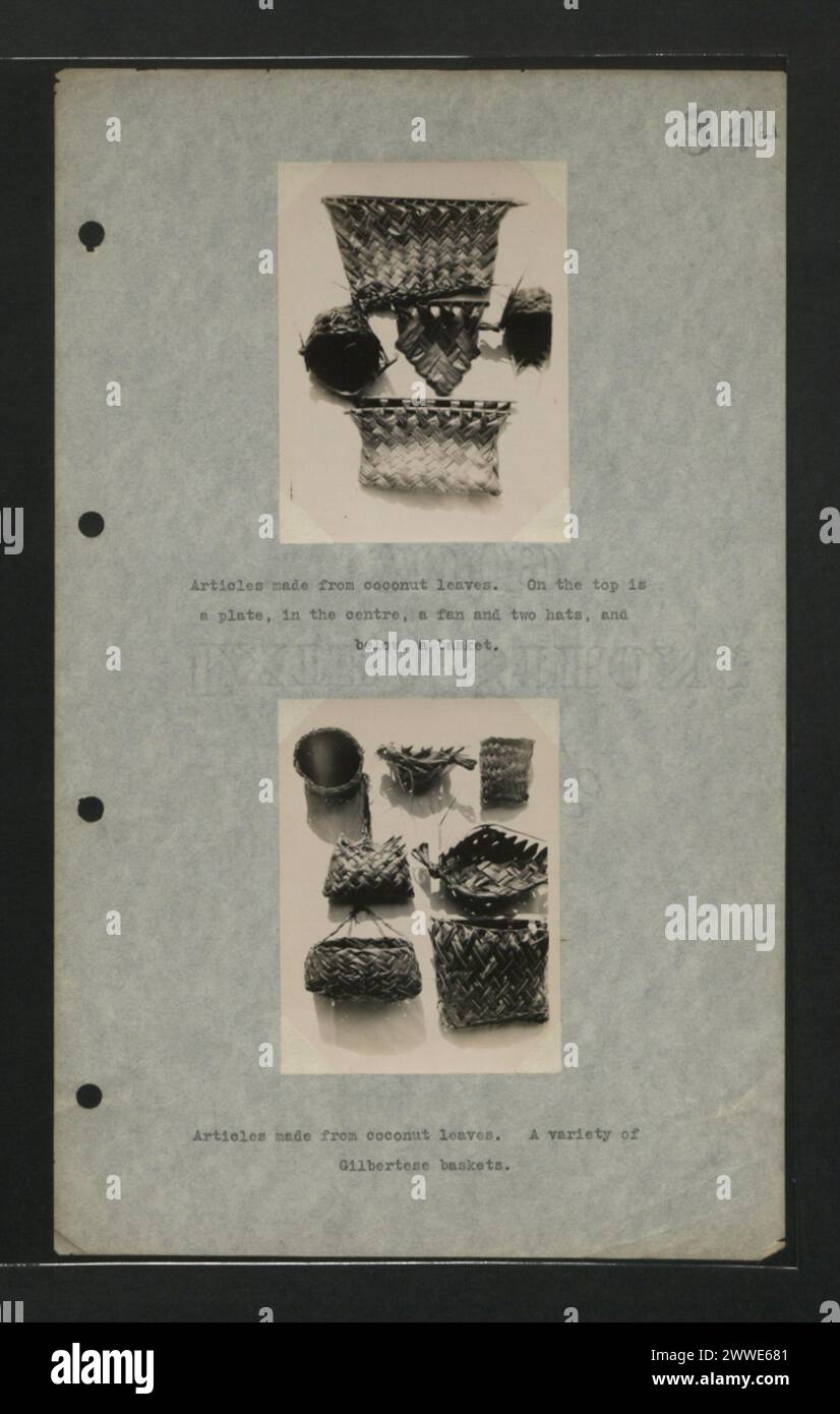 Description: Articles made from coconut leaves. On the top is a plate ...