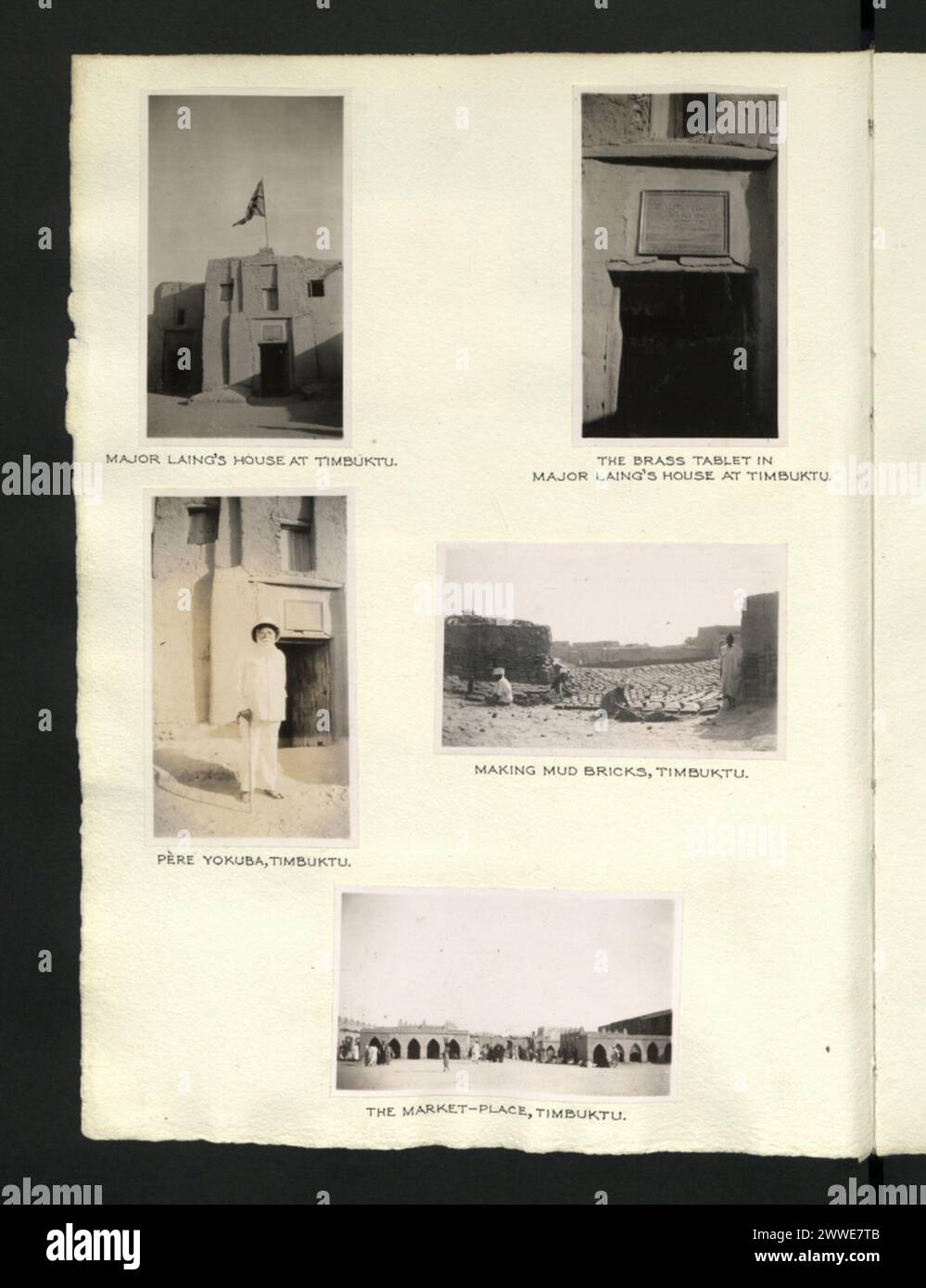 Photographs show Major Laing's house, a brass tablet, Pere Yokuba, mud ...