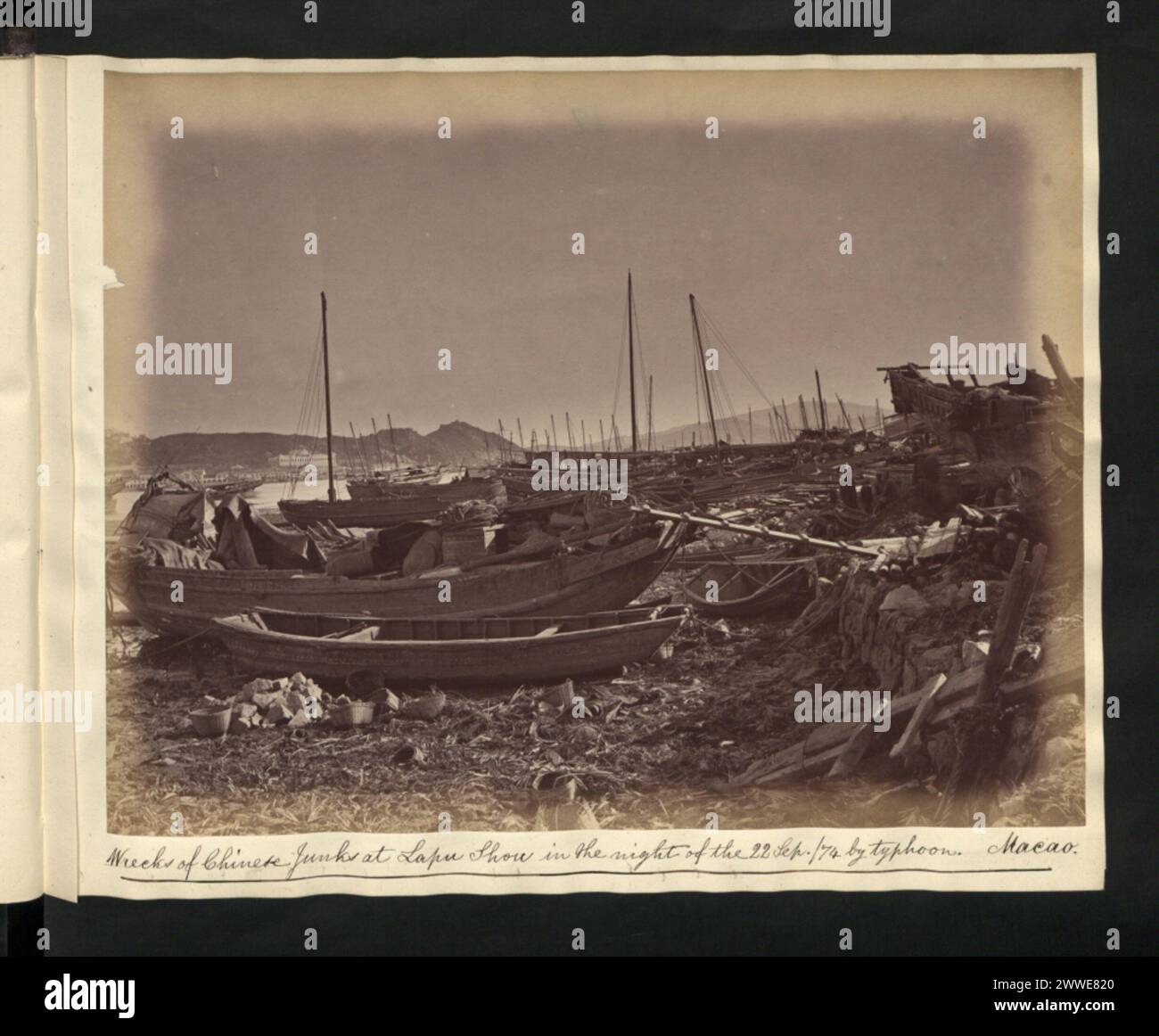 Chinese junks at Lapu Shou, Macao, were wrecked by the typhoon on the ...