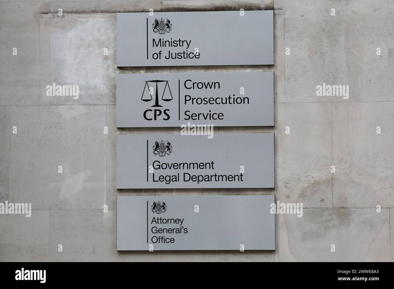 London, UK. 20th Mar, 2024. Signs seen outside 102 Petty France in ...