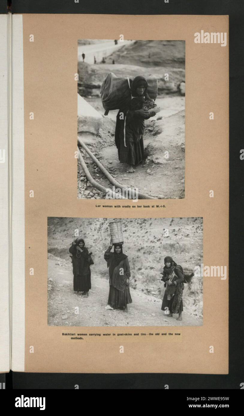 Photograph showing a Lur woman with a cradle on her back and Bakhtiari ...