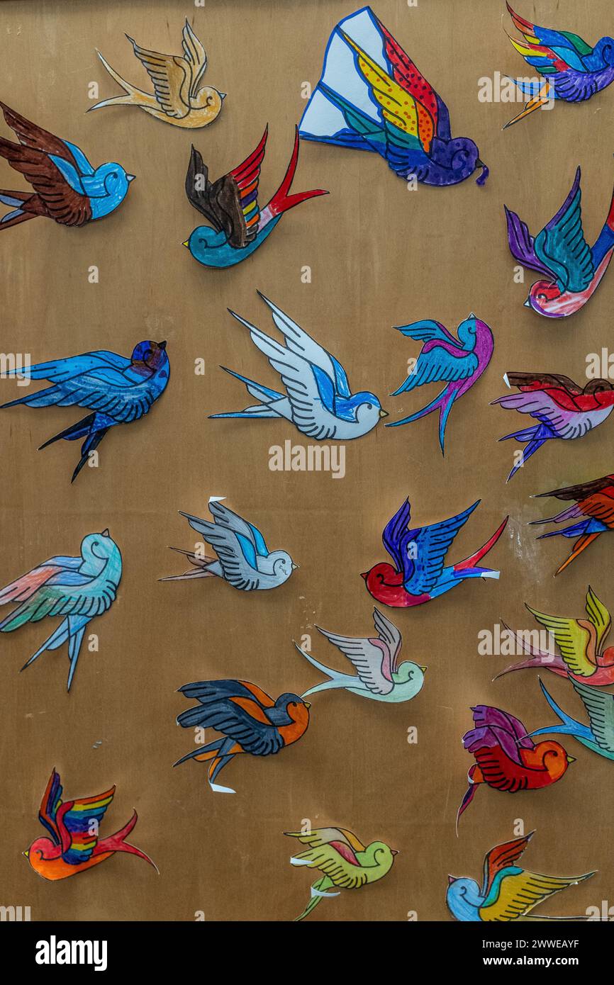 paper birds in different colors by children Stock Photo - Alamy