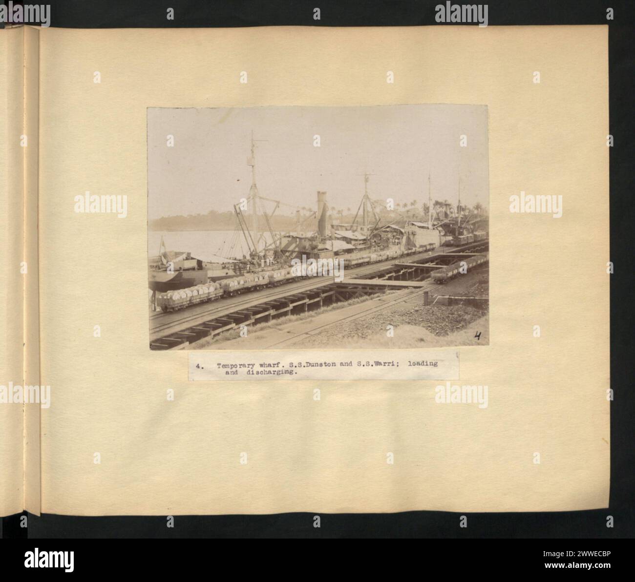 Description: Temporary wharf. S.S. Dunston and S.S Warri: loading and ...