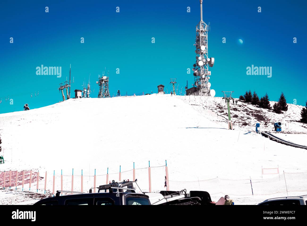 The ski lift under the moon. The top of Mottarone mountain on a winter ...