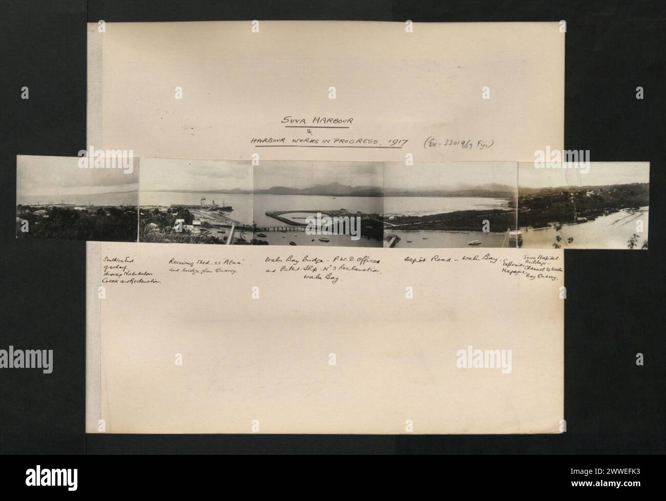 Description: Suva Harbour & Harbour Works in Progress, 1917. Southern End of Wharf showing ...