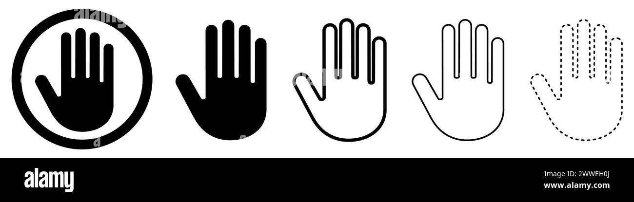 Stop hand icon. Set of hand icons. Black silhouette of hand in flat ...