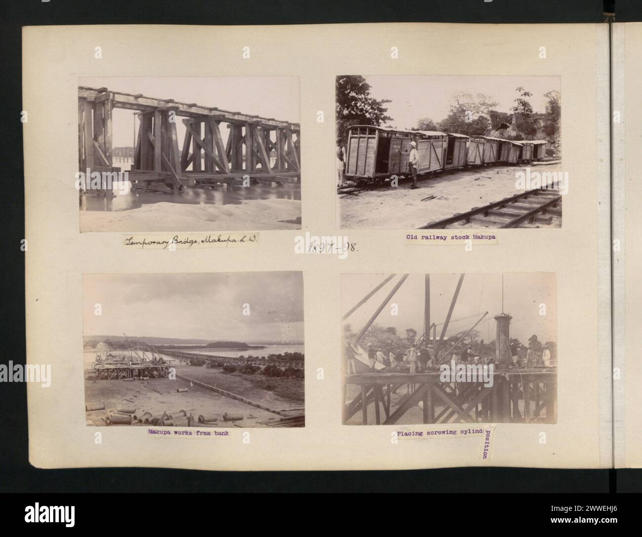 Temporary bridge, old railway stock, bank works, and screw cylinder ...