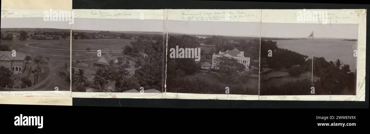 A 1923 panoramic view of Lagos, Nigeria, showing the church, football ...