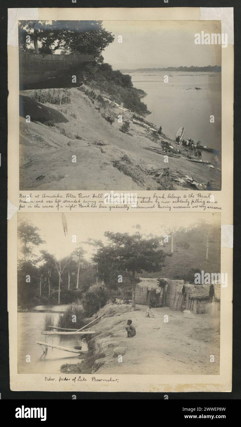 Beach at Amidika on the Volta River, showing a stranded launch hull and riverbank erosion caused ...