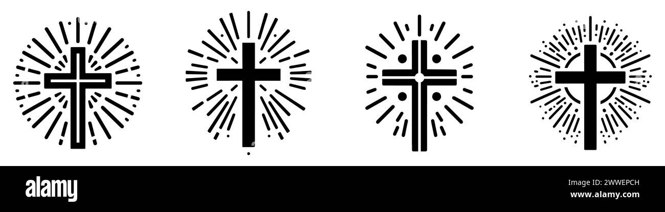 Christian cross icon. Set of black symbols of Christian cross with sun ...