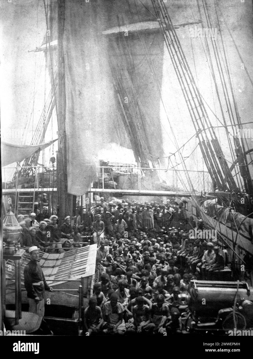 Rescued East African slaves transferred from a dhow to HMS Daphne, a ...