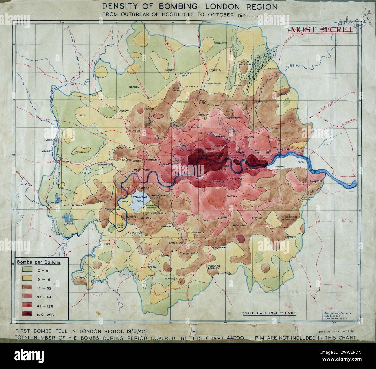 Map of the density of bombing, London region, to October 1941 (HO193/45 ...