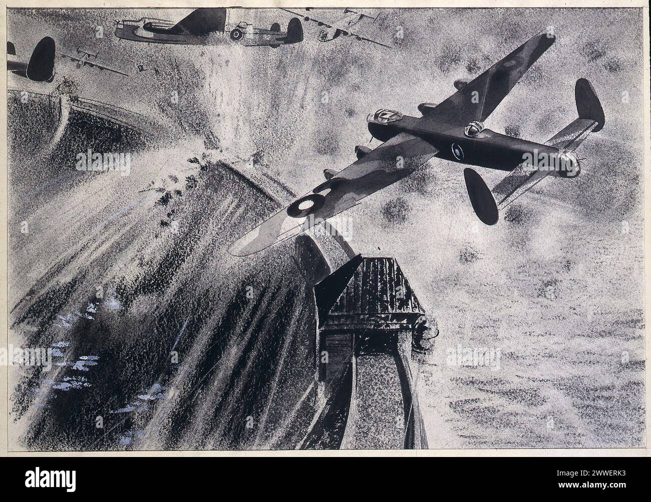 Operation Chastise Description: Drawing depicting Lancaster bombers ...