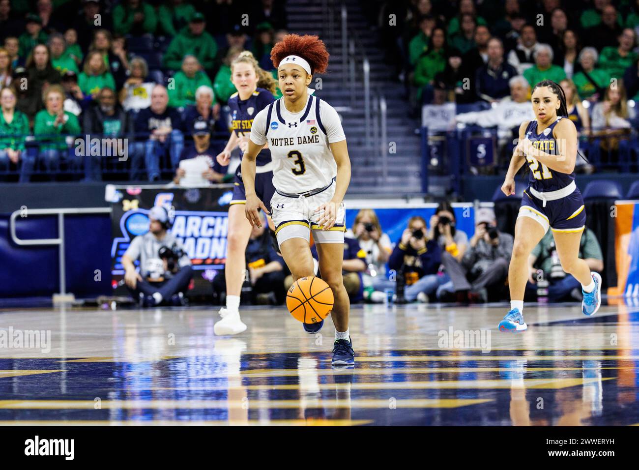 South Bend, Indiana, USA. 23rd Mar, 2024. Notre Dame guard Hannah Hidalgo (3) advances the ball ...
