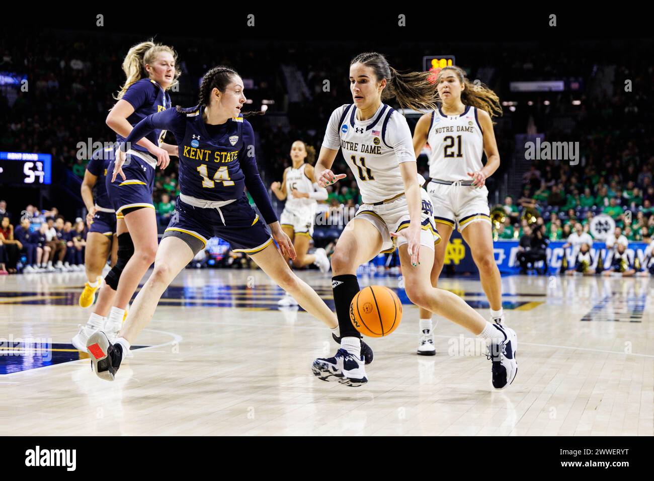 South Bend, Indiana, USA. 23rd Mar, 2024. Notre Dame guard Sonia Citron (11) drives to the ...