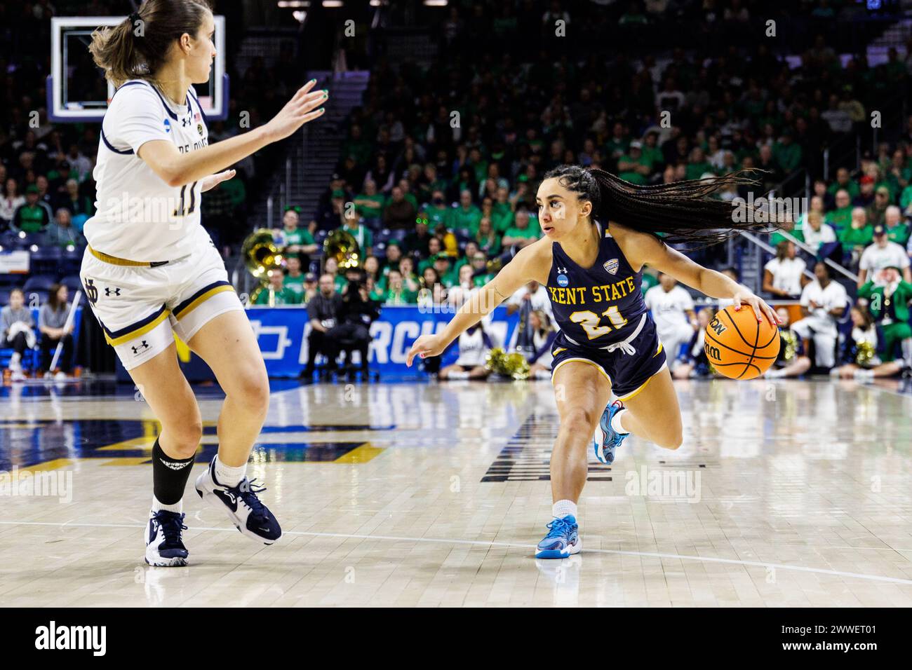 South Bend, Indiana, USA. 23rd Mar, 2024. Kent State guard Dionna Gray (21) advances the ball ...