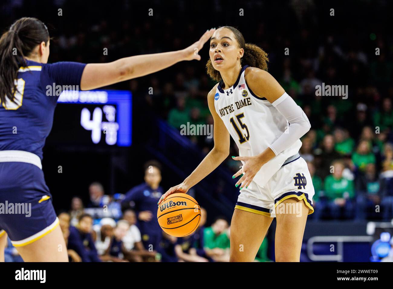 South Bend, Indiana, USA. 23rd Mar, 2024. Notre Dame forward Natalija Marshall (15) looks to ...