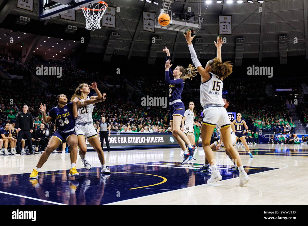 South Bend, Indiana, USA. 23rd Mar, 2024. Kent State forward Jenna Batsch (12) shoots the ball ...