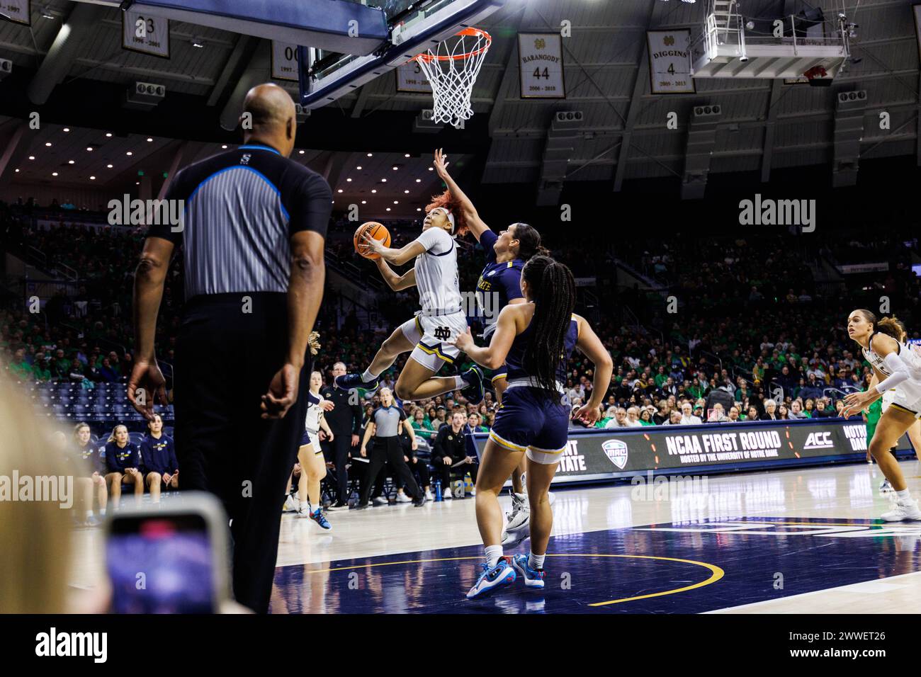 South Bend, Indiana, USA. 23rd Mar, 2024. Notre Dame guard Hannah Hidalgo (3) goes up for a shot ...