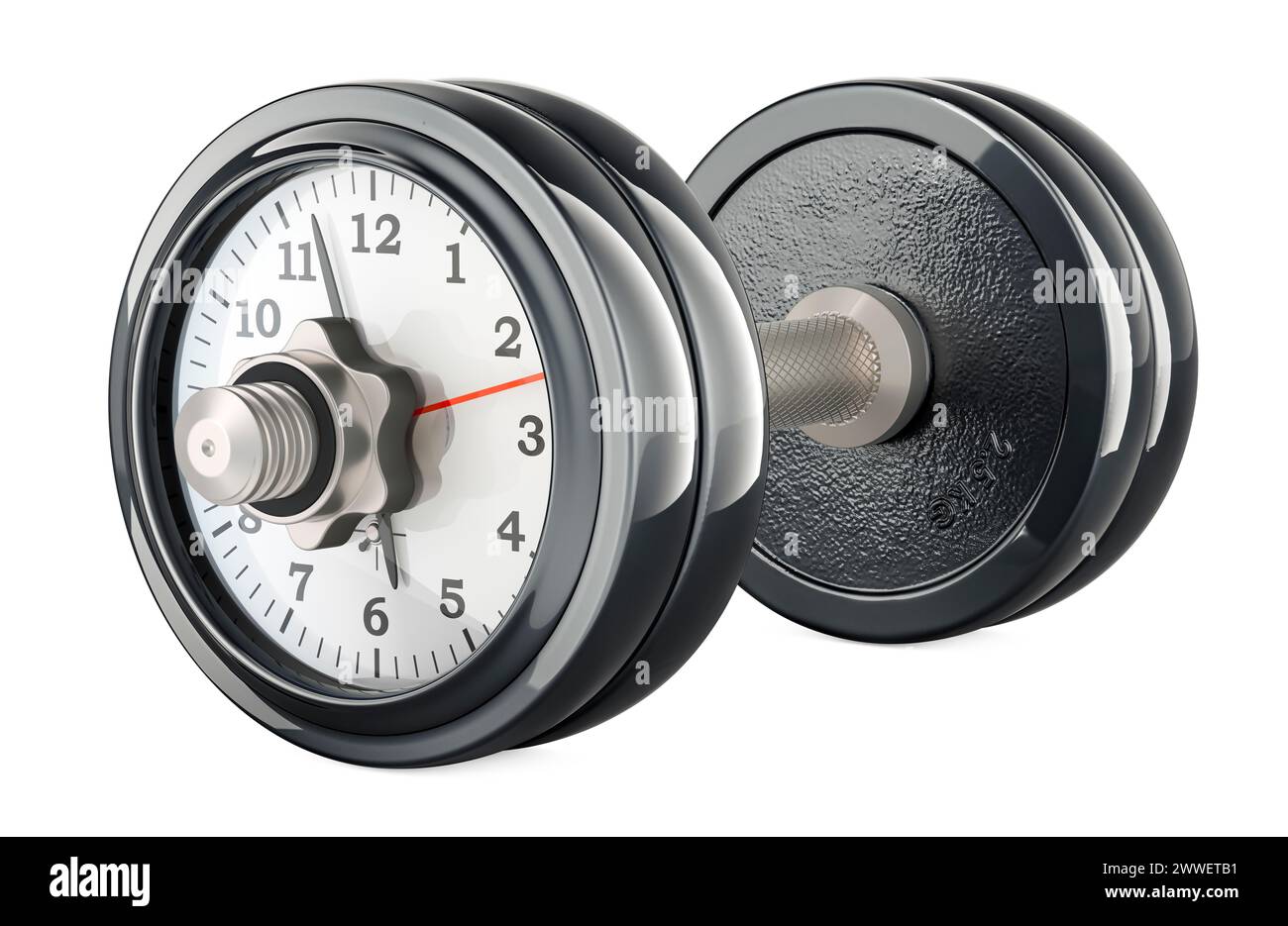 Dumbbell with clock. Sport time, concept. 3D rendering isolated on ...